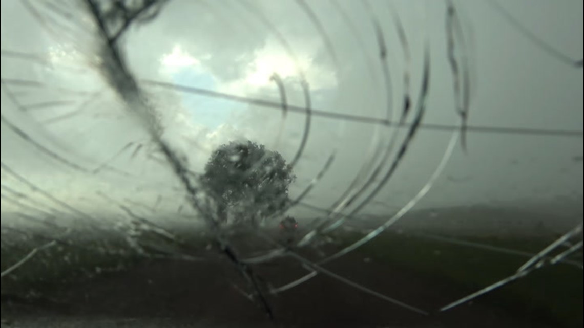 Giant hail smashes windshield during tornado-warned storm | cbs8.com