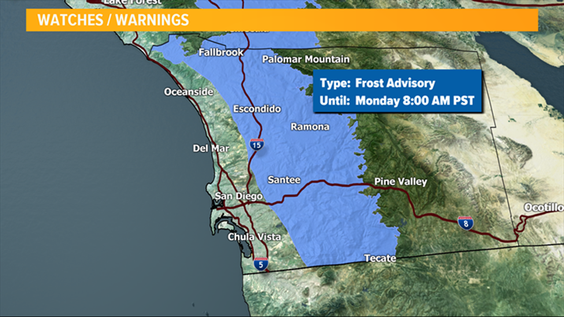 Near freezing temperatures expected in San Diego County inland valleys ...