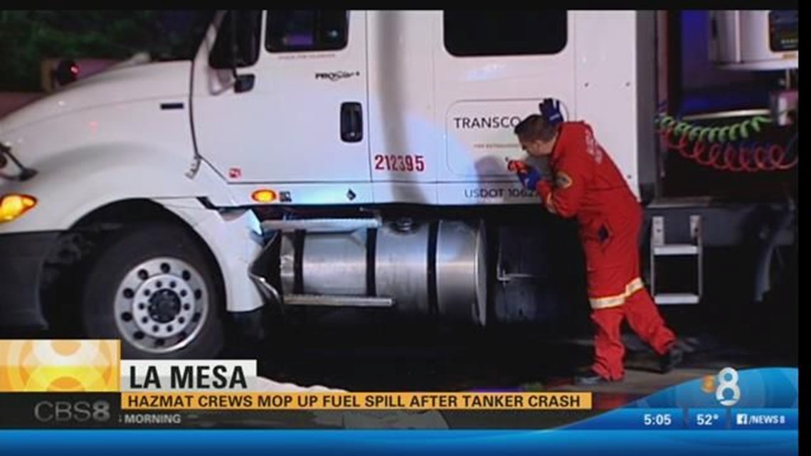 Hazmat crews mop up fuel spill after tanker crash | cbs8.com