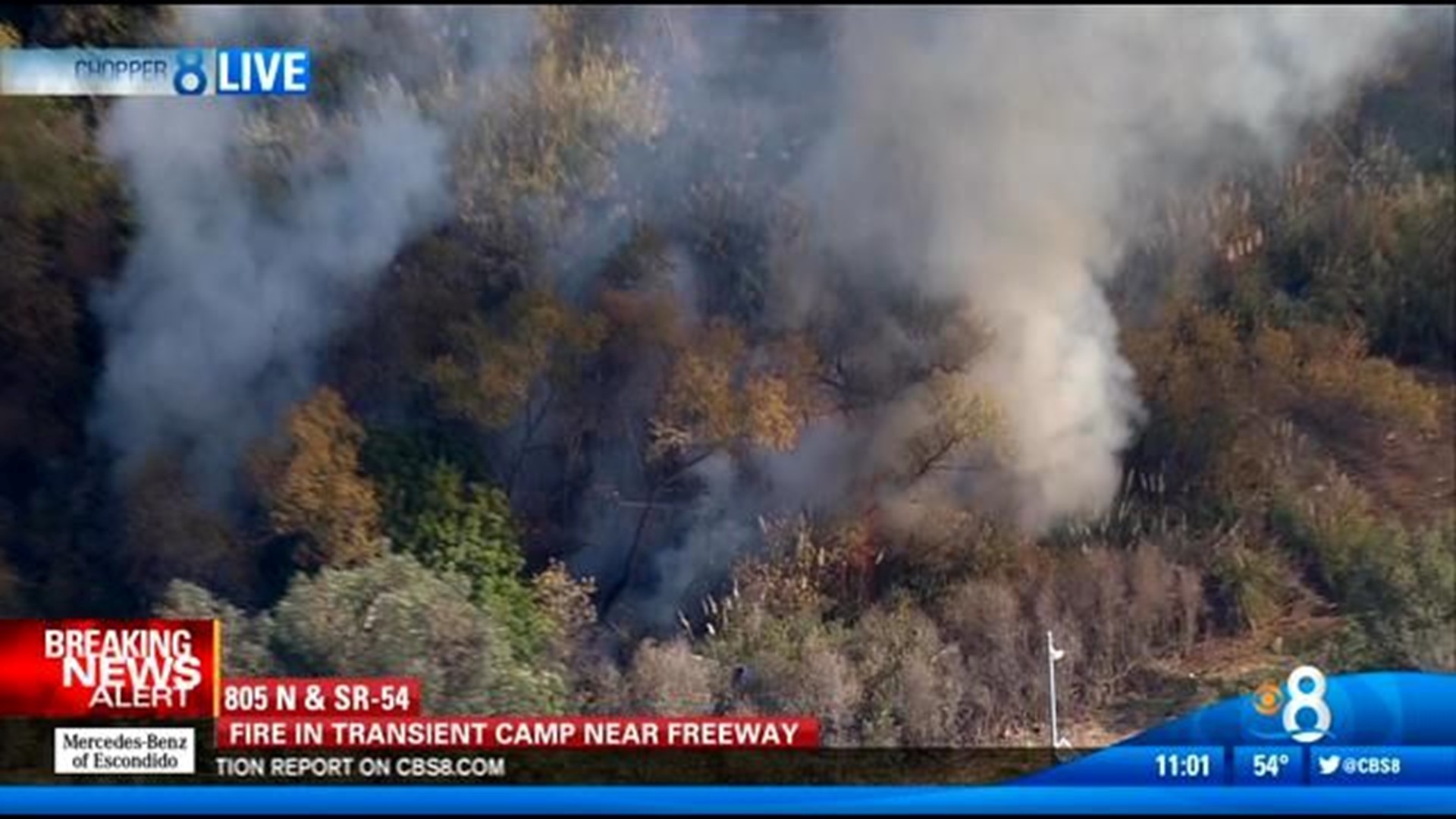 Fire in transient camp near I-805 | cbs8.com