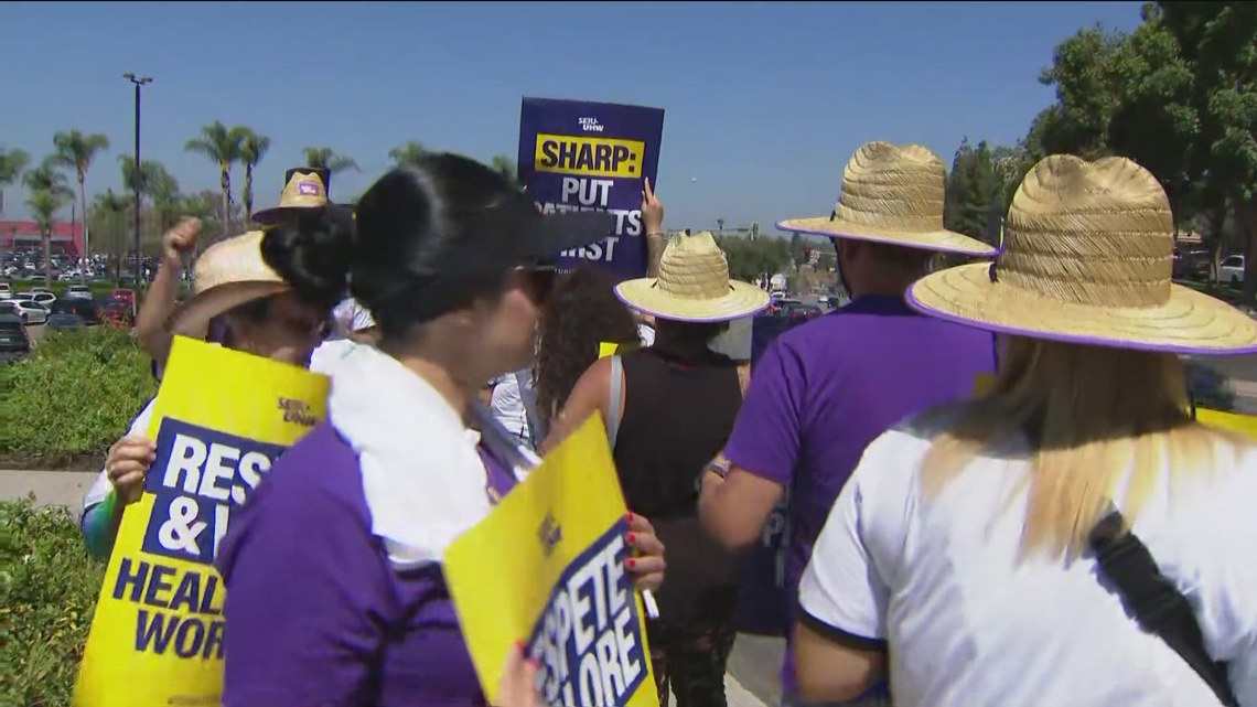 Sharp Healthcare workers picket outside Sharp Grossmont Hospital | cbs8.com