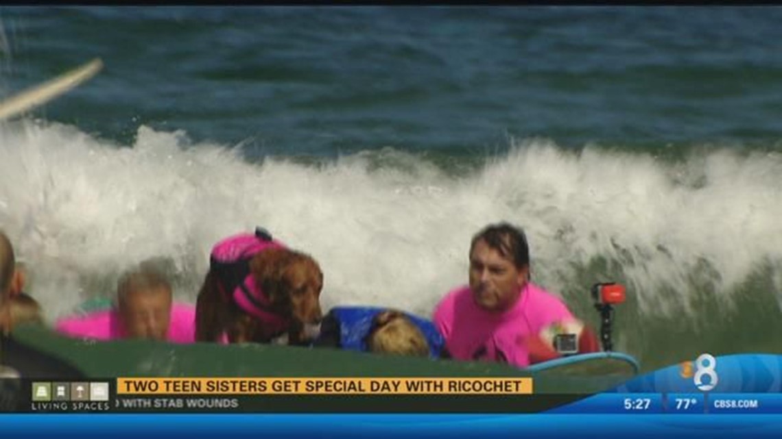 Ricochet the surf dog makes dream come true for two teenage sisters ...