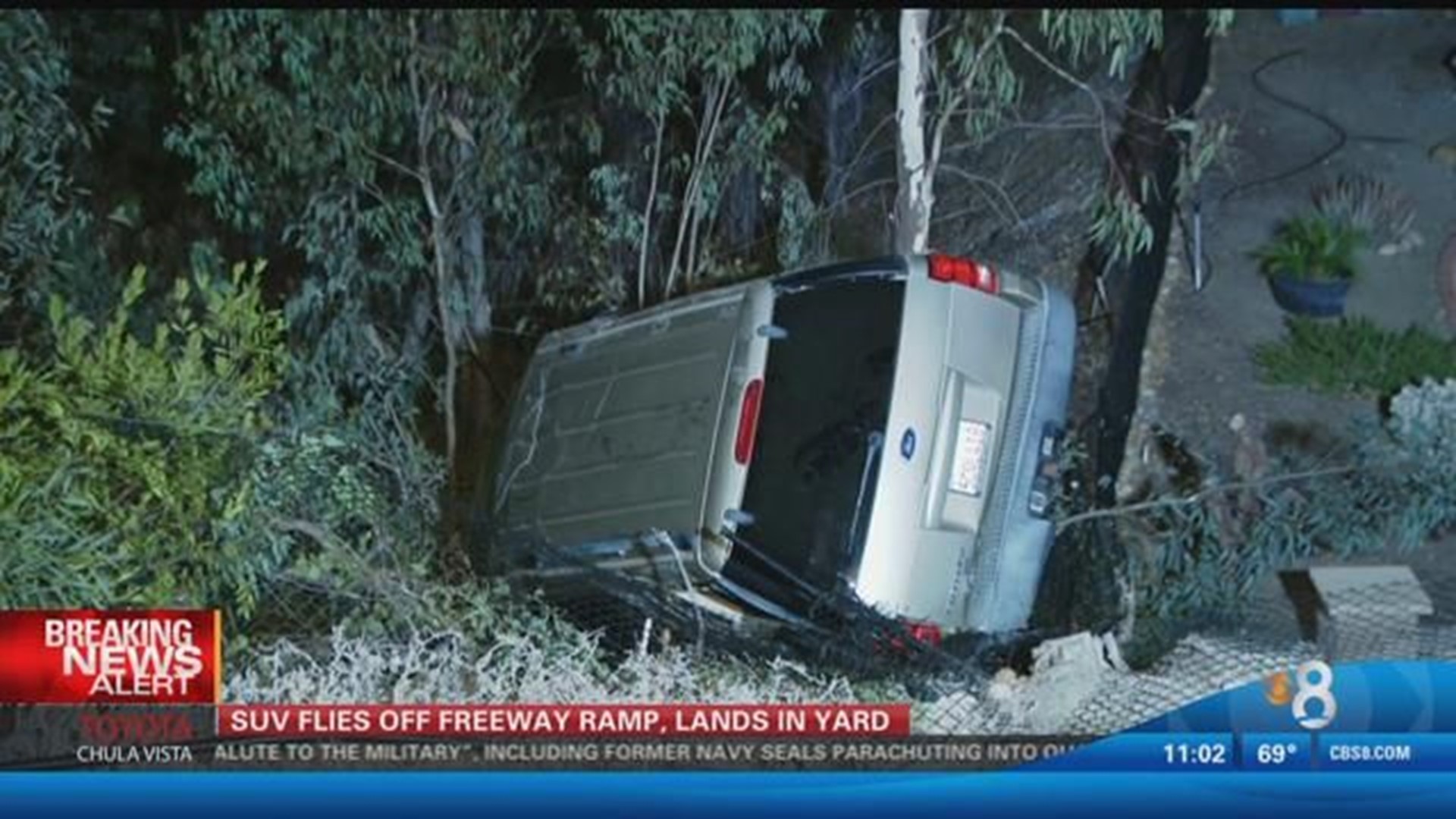 SUV flies off freeway ramp, lands in yard | cbs8.com