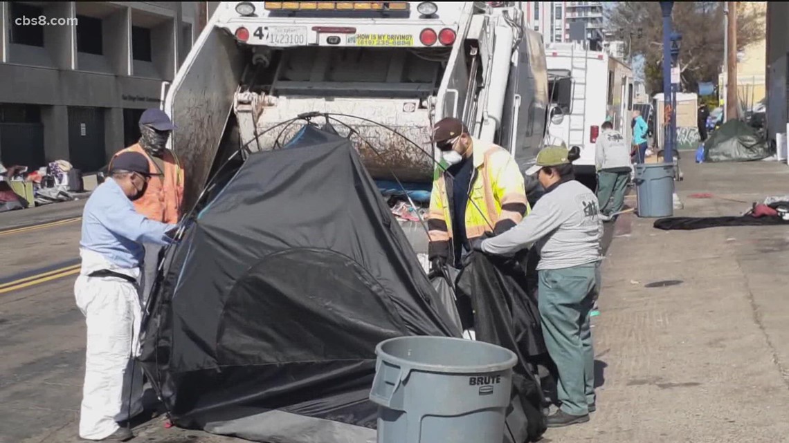 Outcry over how city cleanup homeless encampment | cbs8.com