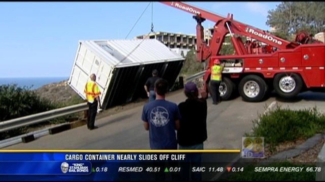 Cargo container nearly slides off cliff | cbs8.com