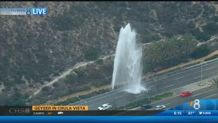 Car hits hydrant, causes geyser on Olympic Parkway | cbs8.com