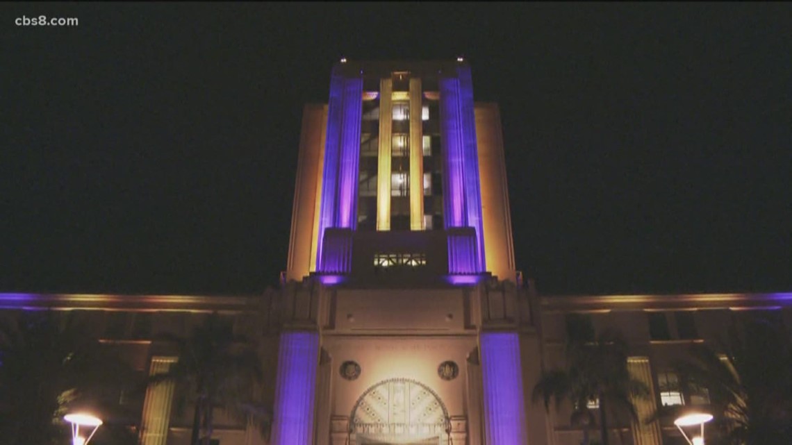 San Diego County Administration Building lights up in purple and gold ...