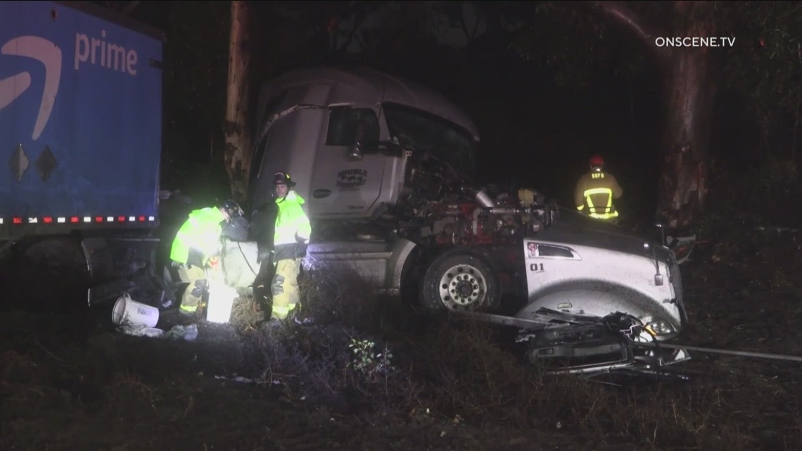 Amazon trucks crash on slick San Diego freeways, closing roads | cbs8.com