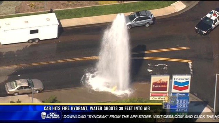 Car hits fire hydrant, shooting water 30 feet into the air | cbs8.com