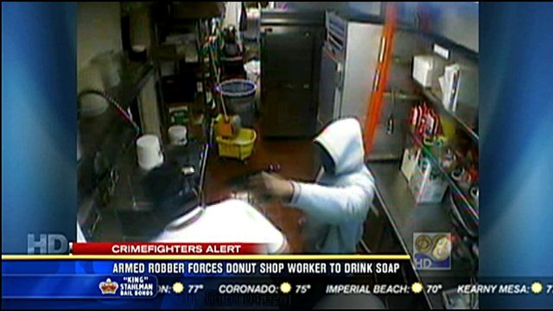 Caught on tape: Armed robber forces donut shop worker to drink soap ...