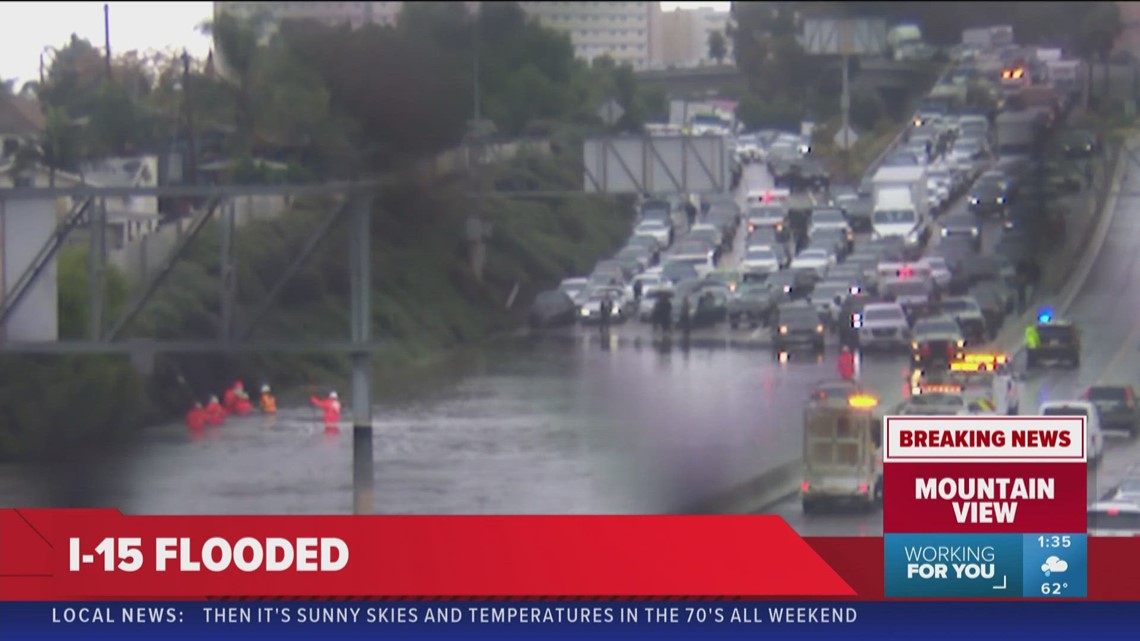 San Diego Storm Update 1:30PM | Northbound I-15 flooded at 32nd Street | cbs8.com