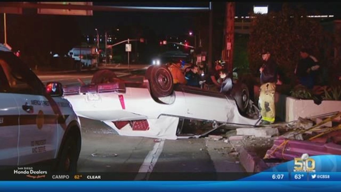 Car hits SUV, guardrail then flips over | cbs8.com
