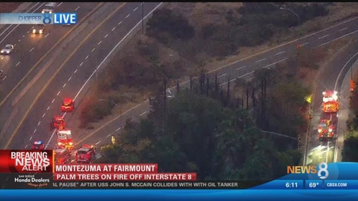 Crews battle palm tree fires off I-8 in Mission Valley | cbs8.com