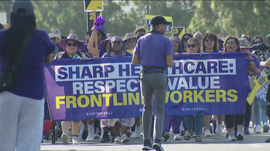 Sharp Healthcare workers rally outside of hospital headquarters | cbs8.com