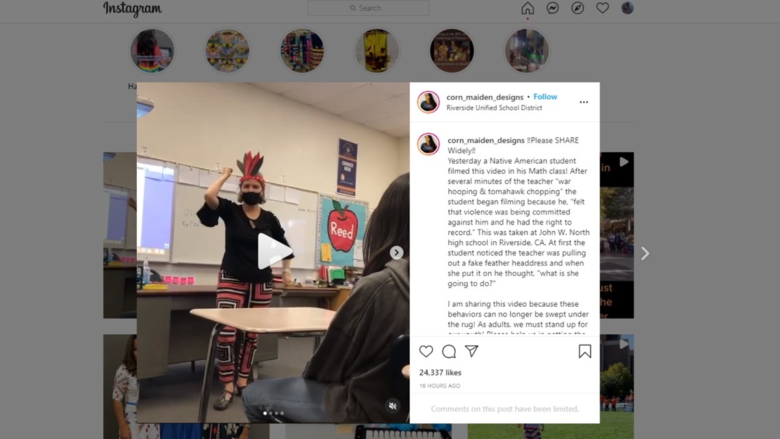 Riverside teacher tomahawk chops in viral video, put on leave | cbs8.com