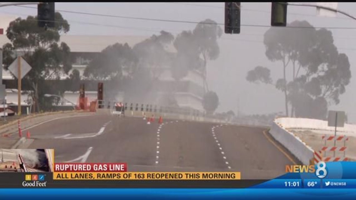 All lanes, ramps of 163 reopened after ruptured gas line | cbs8.com