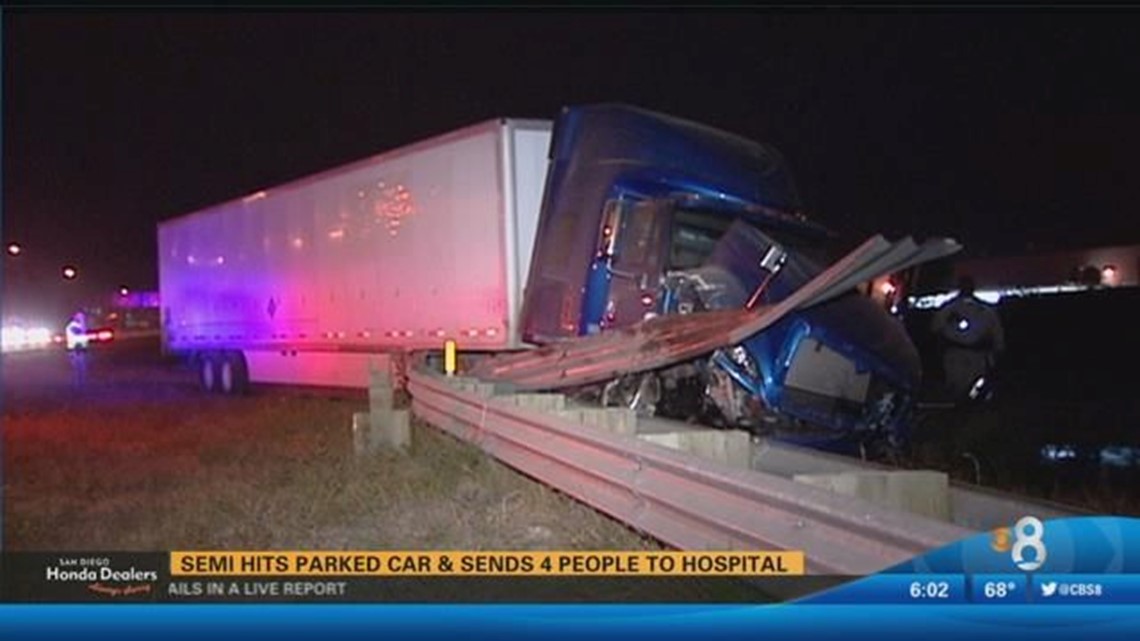 Semi hits parked car sending four people to the hospital | cbs8.com