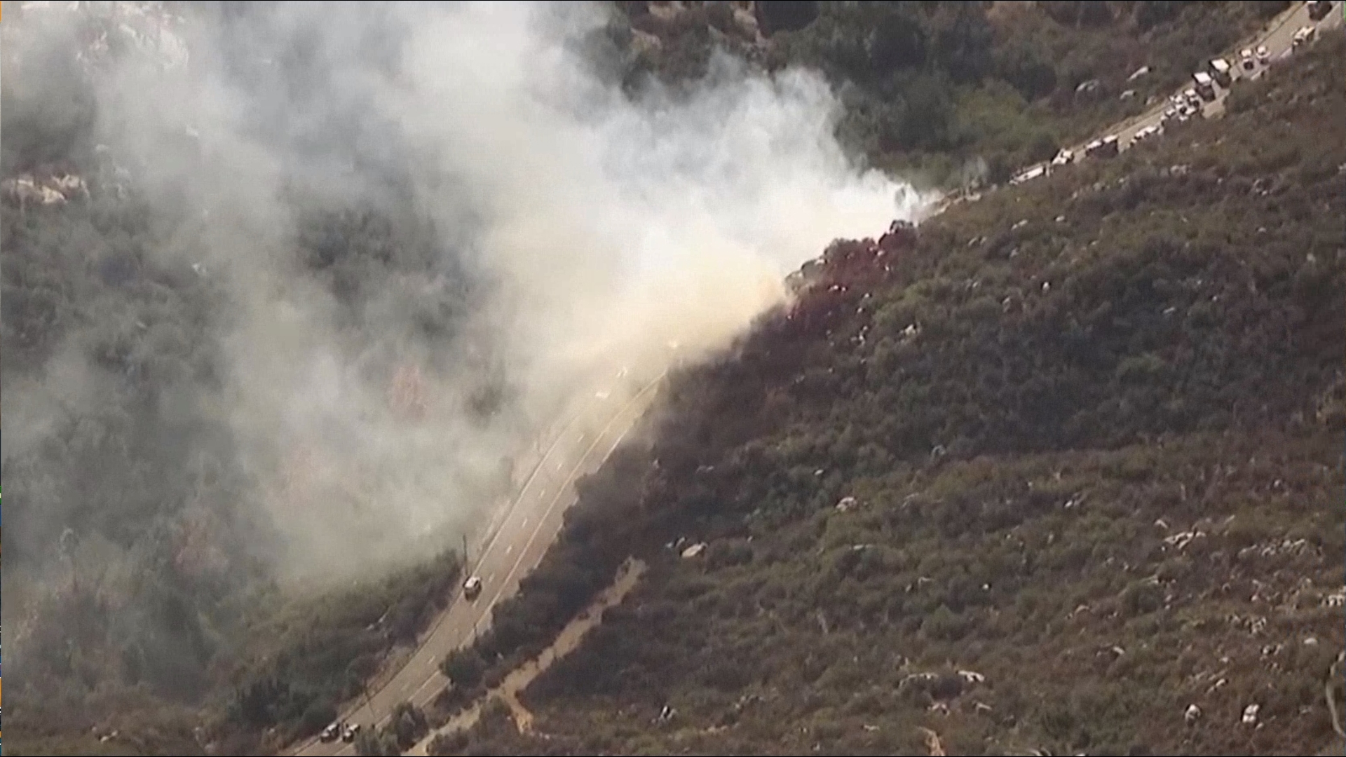 Brush fire, smoke, flames in East San Diego in La Cresta, east of El ...