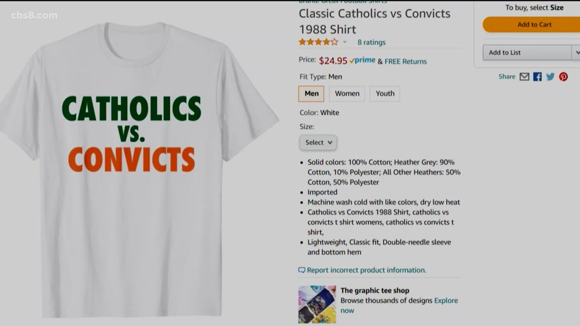 Catholics vs Convicts t-shirt causes controversy at High School | cbs8.com