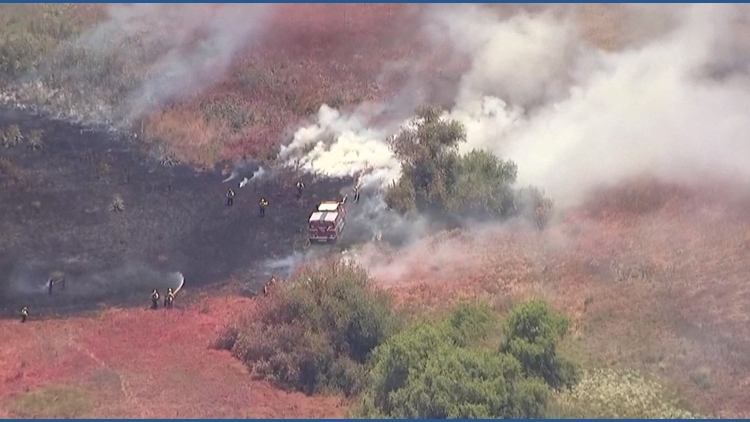 Fire crews stop the forward progress of a brush fire in San Diego ...
