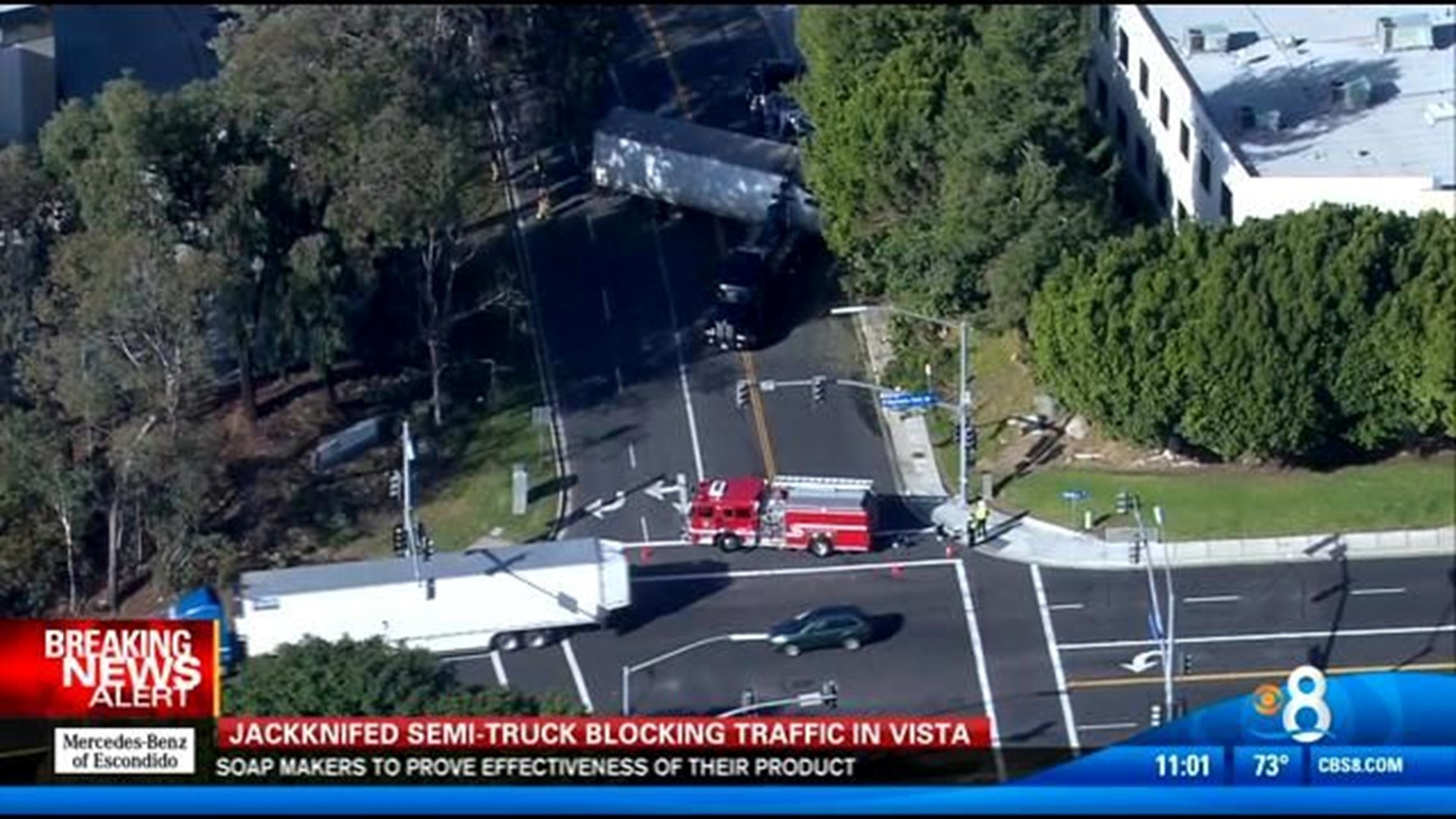 Jackknifed semi-truck blocks traffic in Vista | cbs8.com