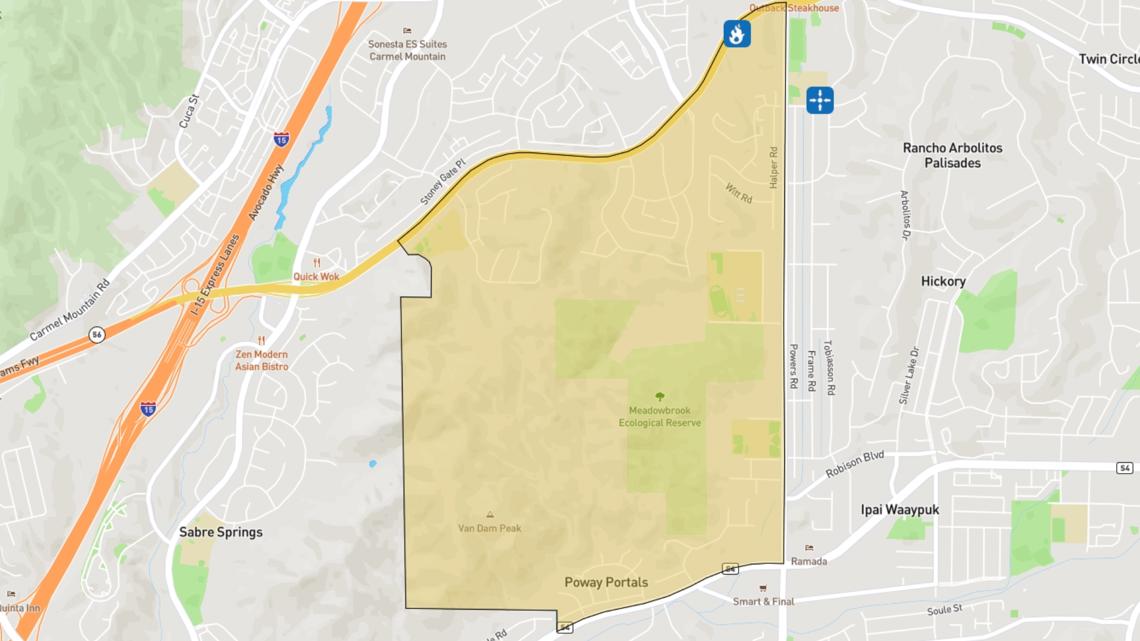 Brush fire, smoke, flames in Poway near Ted Williams Parkwy, Pomerado ...