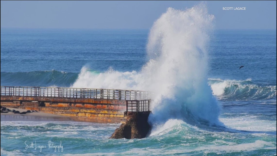 Children's Pool La Jolla sea wall railing damaged by high surf | cbs8.com